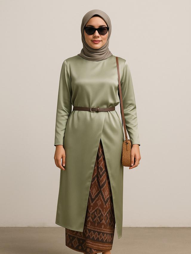 7 Model Tunik Polos Berbahan Satin Dipadukan dengan Rok Lilit Motif ...