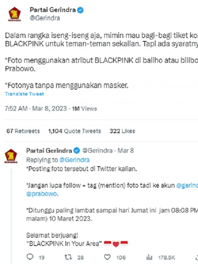 Gerindra Bagi-Bagi Tiket Konser Blackpink, Syaratnya Ada Foto Pakai ...