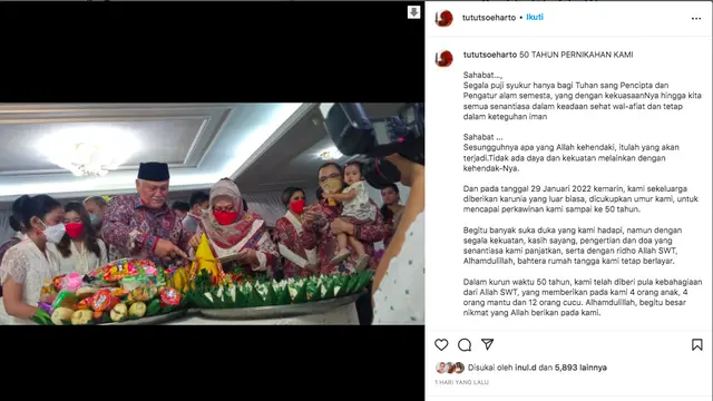 Tutut Soeharto dan Indra Rukmana Rayakan Ulang Tahun Pernikahan ke-50 ...