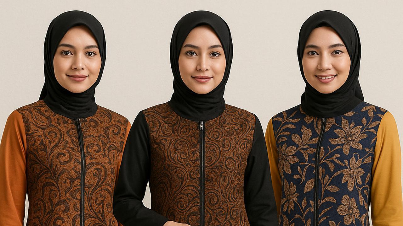 7 Model Tunik Batik Resleting Depan Kombinasi Lengan Panjang Polos