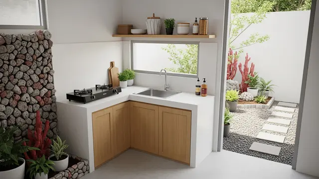 8 Desain Dapur Mini dengan Taman Kering di Sudut Belakang Rumah