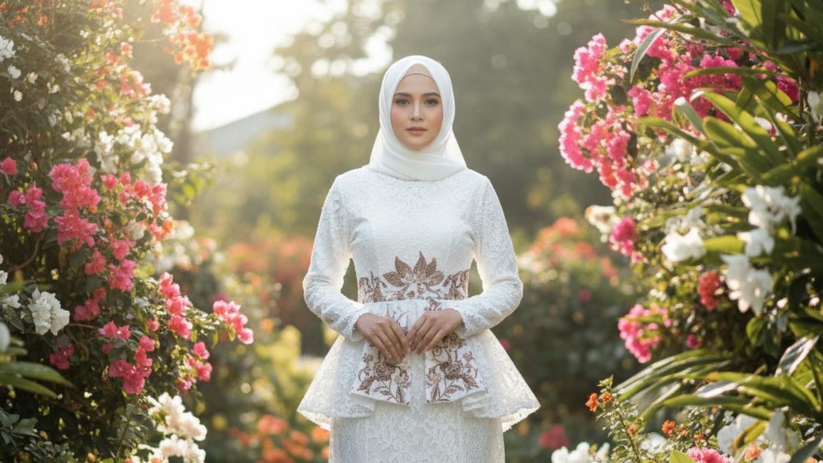 10 Model Gamis Putih Brokat dengan Aksen Batik Coklat Earthy Tone ...