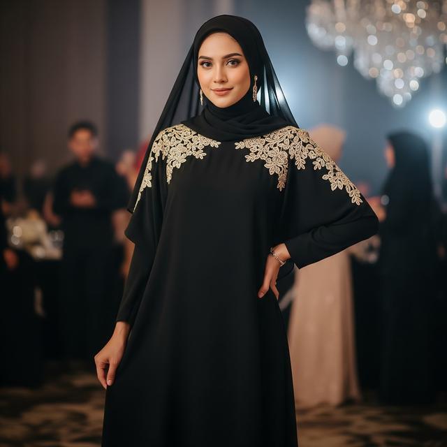 9 Model Gamis Hitam Simple Elegan Kombinasi Brokat Gold untuk Pesta ...