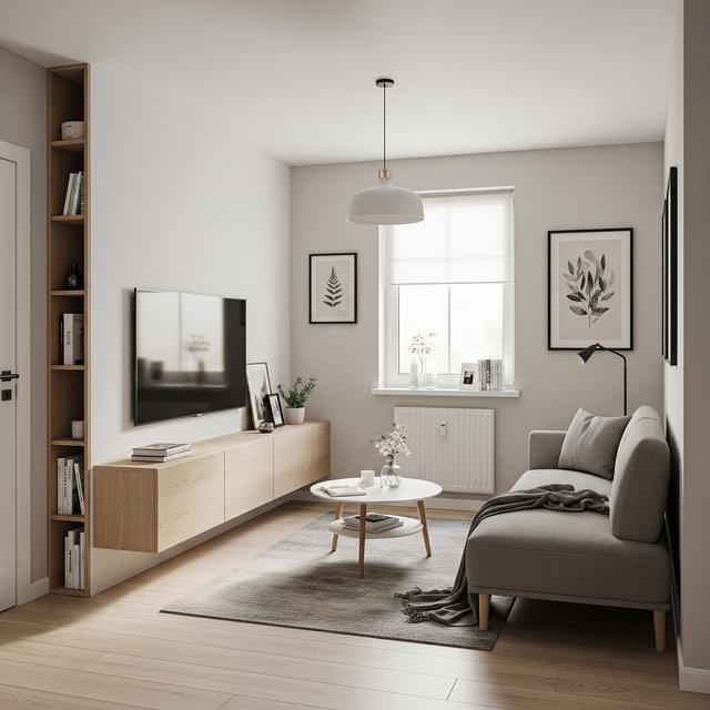 6 Ide Layout Ruang Tamu Sempit dengan Rak TV Tempel dan Lemari Tipis