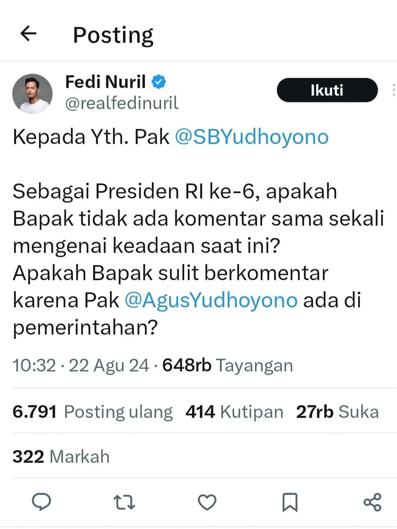 Surat Terbuka Fedi Nuril untuk Ridwan Kamil dan SBY Usai Putusan MK Viral, Isinya Nyelekit ...