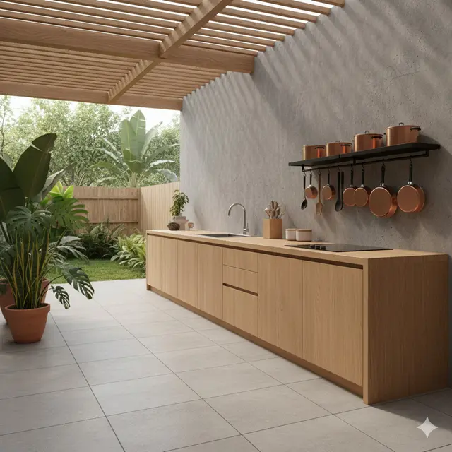 10 Dapur Minimalis Terbuka di Halaman Belakang dengan Keramik Polos ...