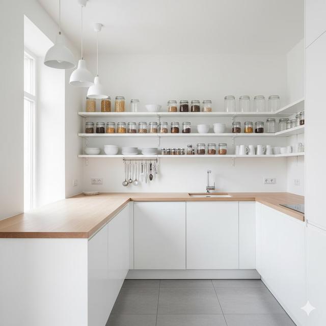 7 Inspirasi Dapur Kecil Modern dengan Rak Besi Terbuka dan Countertop Kayu