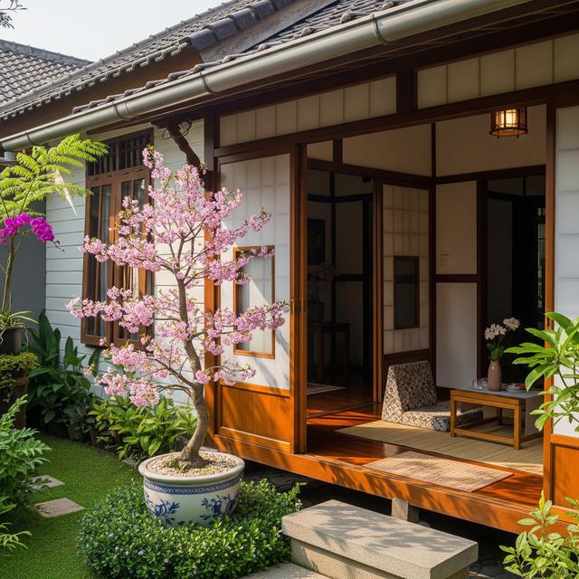 7 Model Teras Rumah Mini dengan Pohon Kecil Berbunga, Estetik Tanpa Ribet