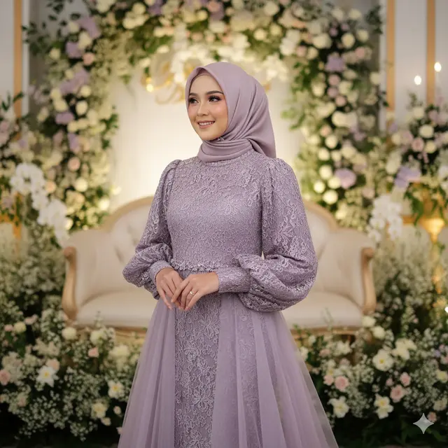 7 Model Gamis Brokat Lengan Balon Warna Lilac Trend Muslimah 2025 ...