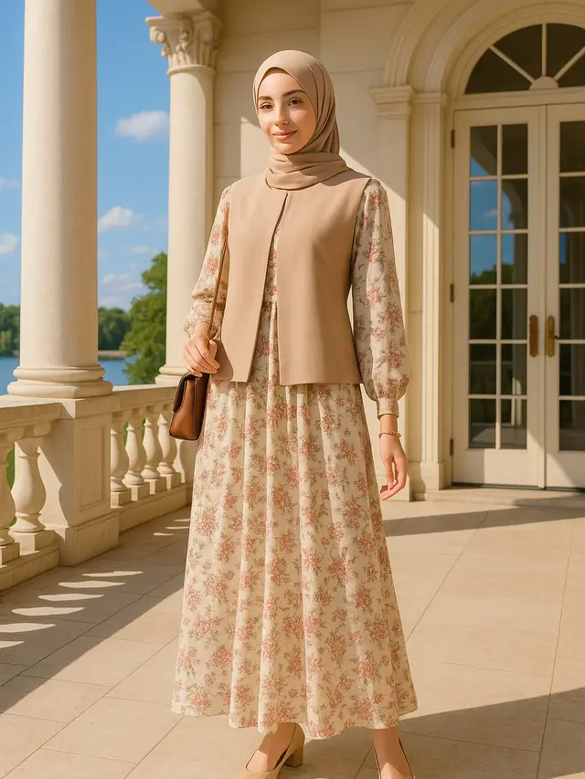 7 Rekomendasi Gamis Motif dengan Rompi Polos, Inspirasi Fashion ...