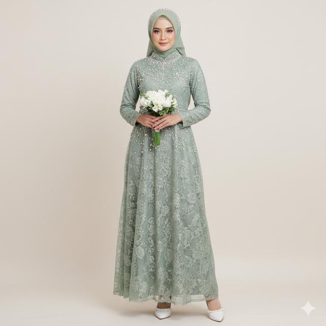 8 Model Gamis Warna Sage Green dengan Detail Brokat Floral untuk Akad ...