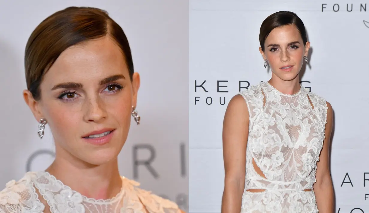 Pesona Emma Watson Pakai Gaun Putih Tipis dengan Detail Renda Bunga ...