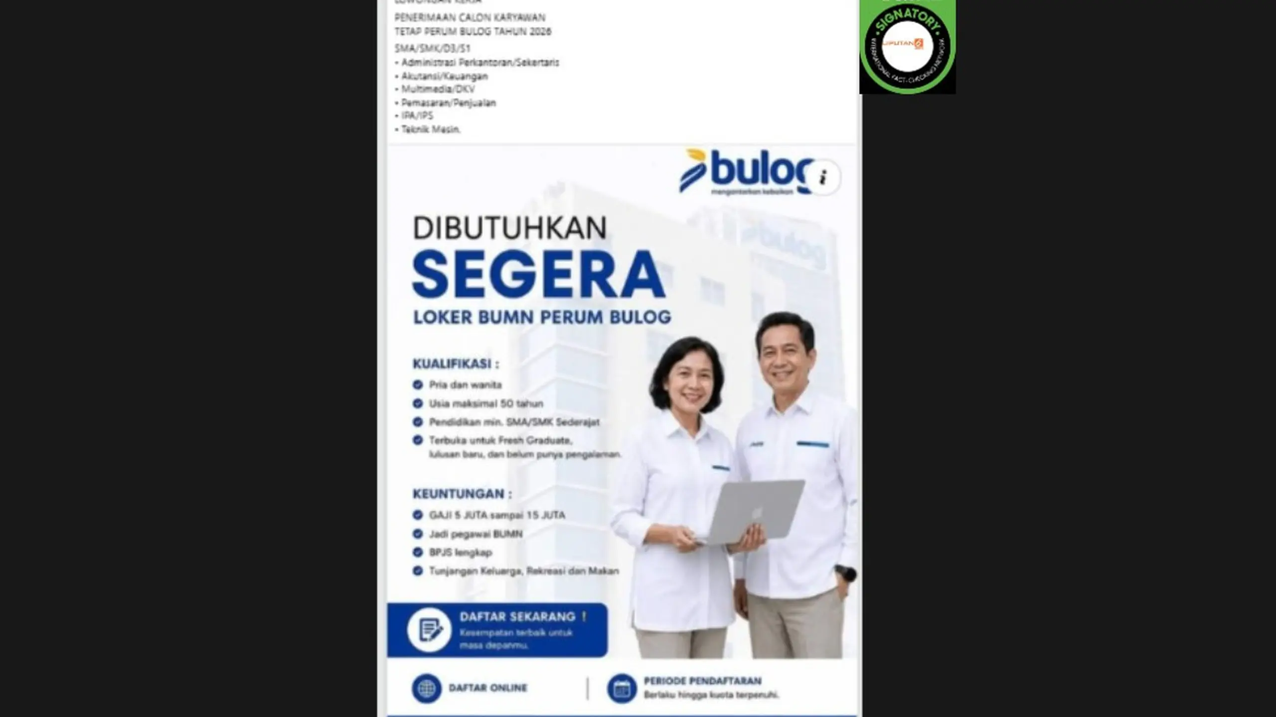 Cek Fakta: Hoaks Link Pendaftaran Lowongan Kerja di Perum Bulog 2026
