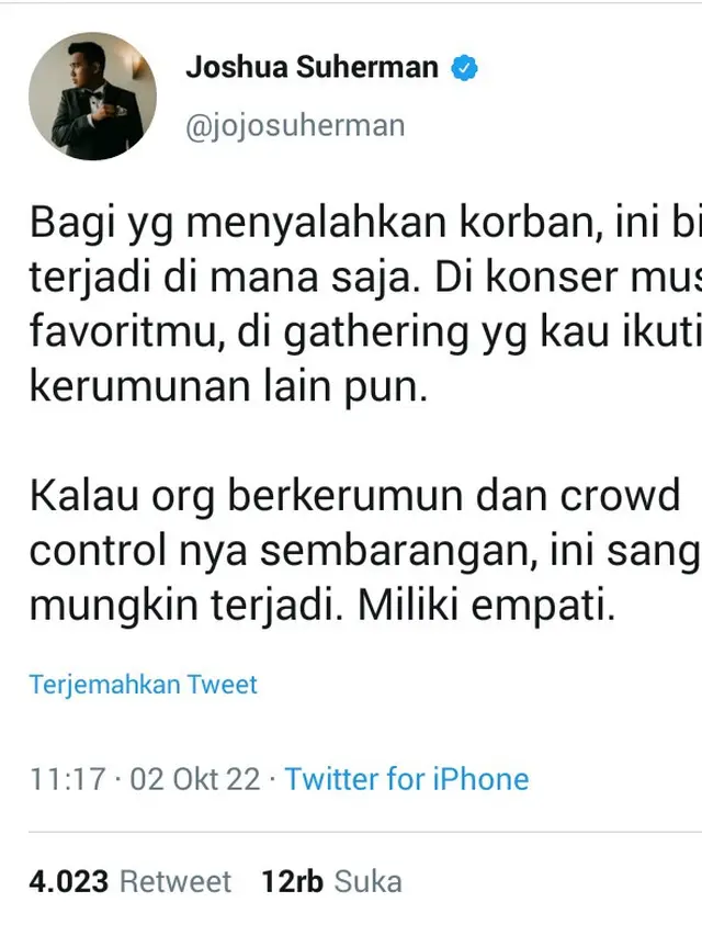 Joshua Suherman Tanggapi Tragedi Stadion Kanjuruhan, Tolak Victim Blaming - ShowBiz Liputan6.com