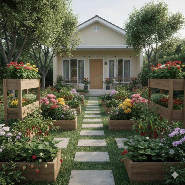 8 Inspirasi Kebun Rumah Alami dengan Tanaman, Bunga, Kayu, dan Buah