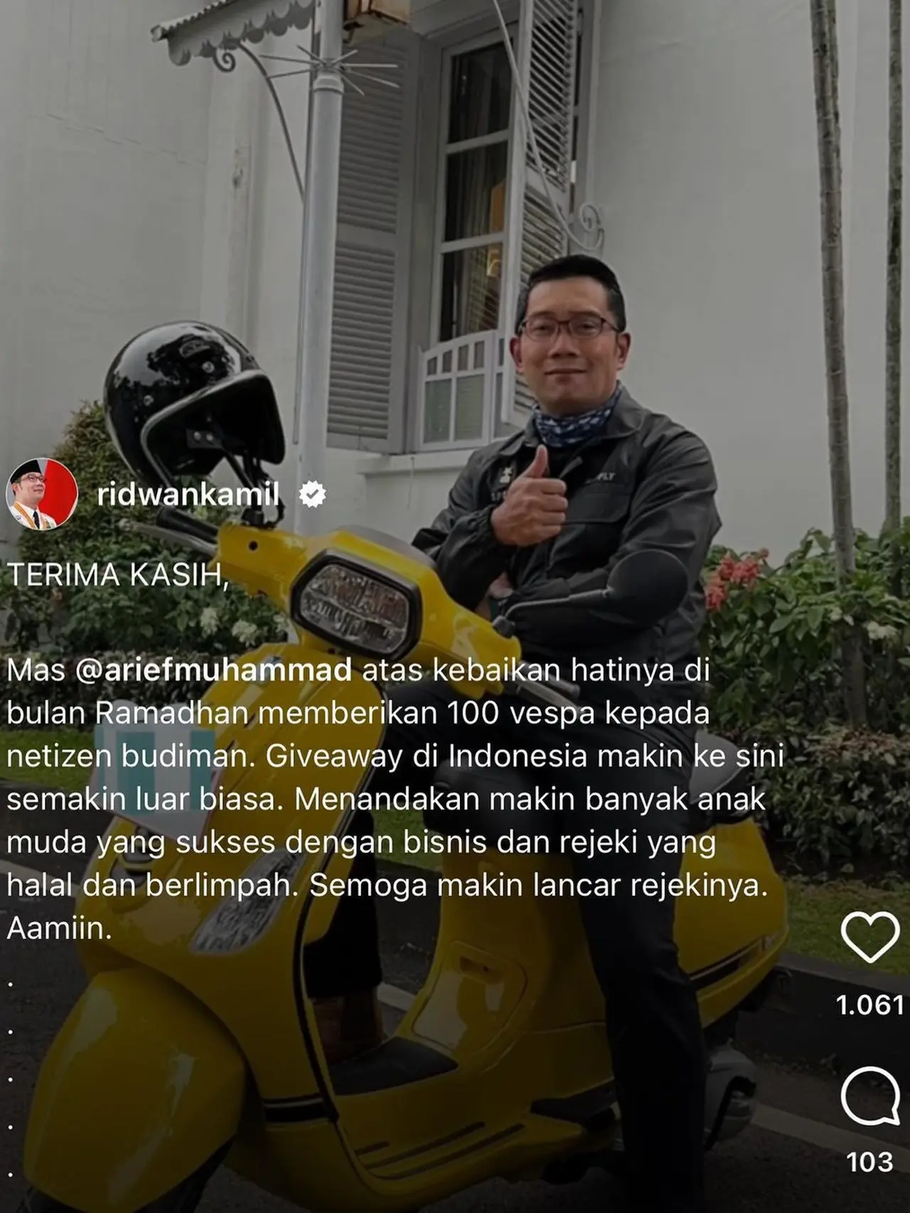 Arief Muhammad Berbagi Vespa Lewat Ridwan Kamil, Dengungkan Kampanye Prepp Scooter Club ...