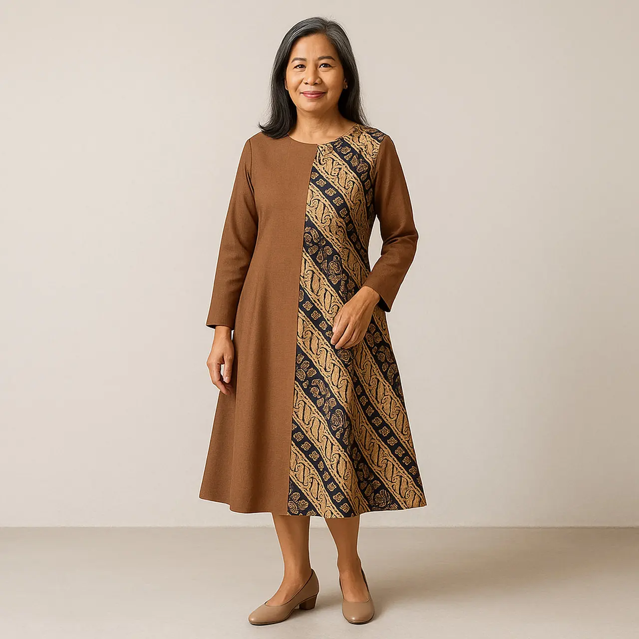 8 Model Dress Batik Kombinasi Polos Lengan Panjang untuk Ibu-Ibu 50 ...