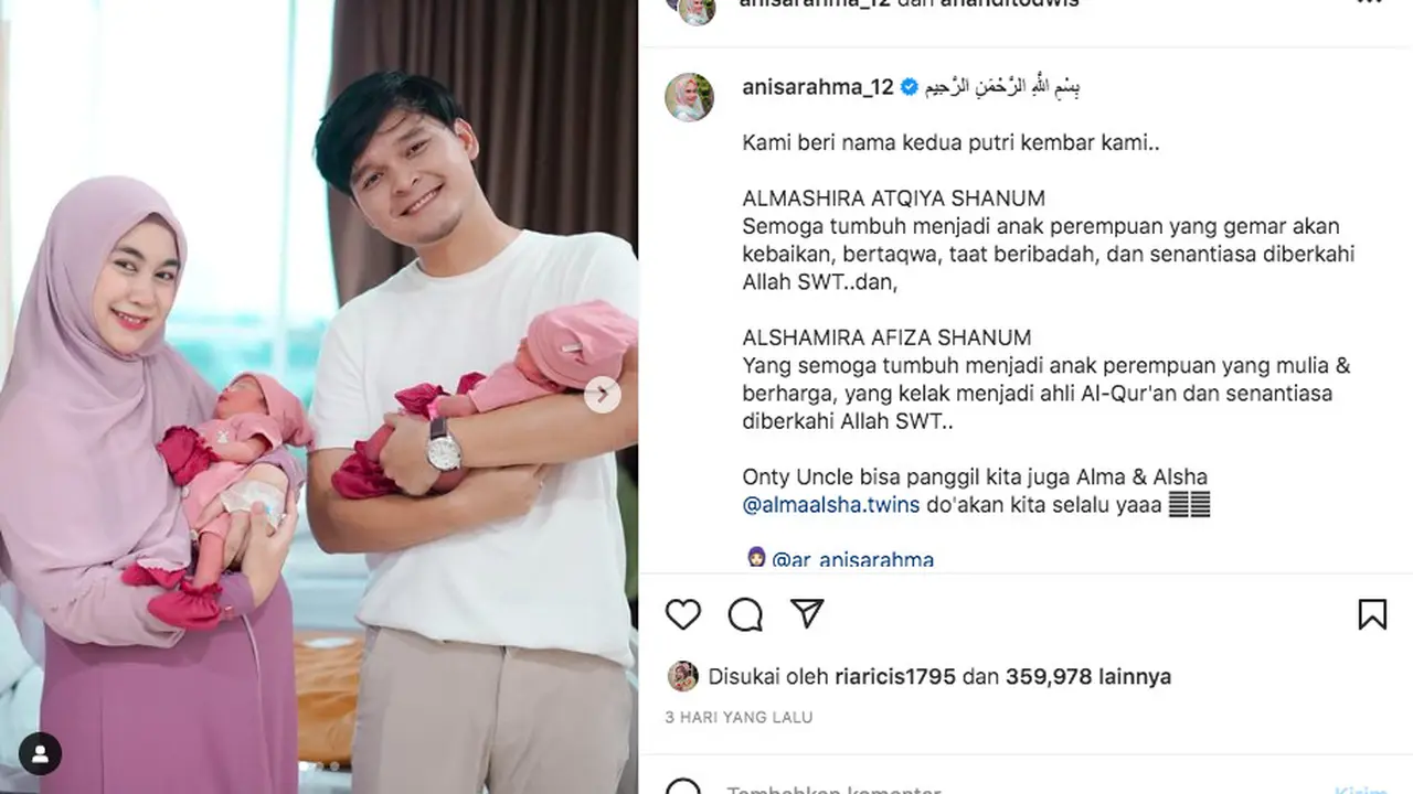 Sempat Dirahasiakan, Ini Dia Nama Putri Kembar Anisa Rahma dan Anandito Dwis - ShowBiz Liputan6.com