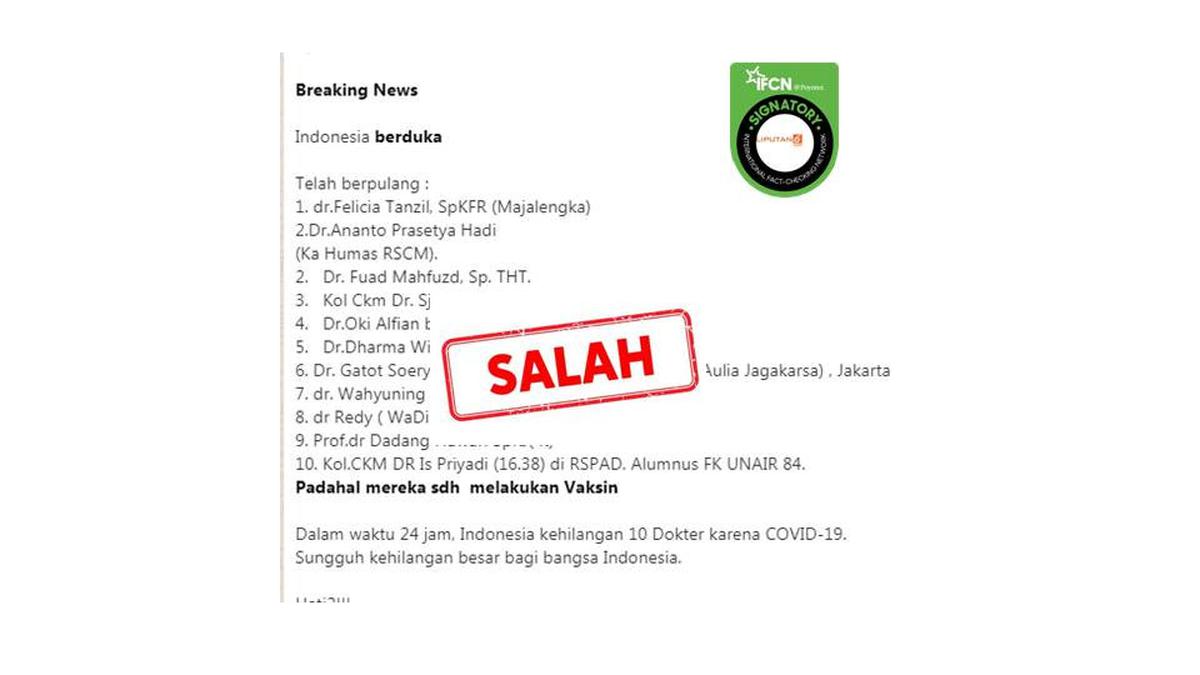 Cek Fakta: Tidak Benar Pesan Berantai Berisi Daftar Dokter Meninggal ...