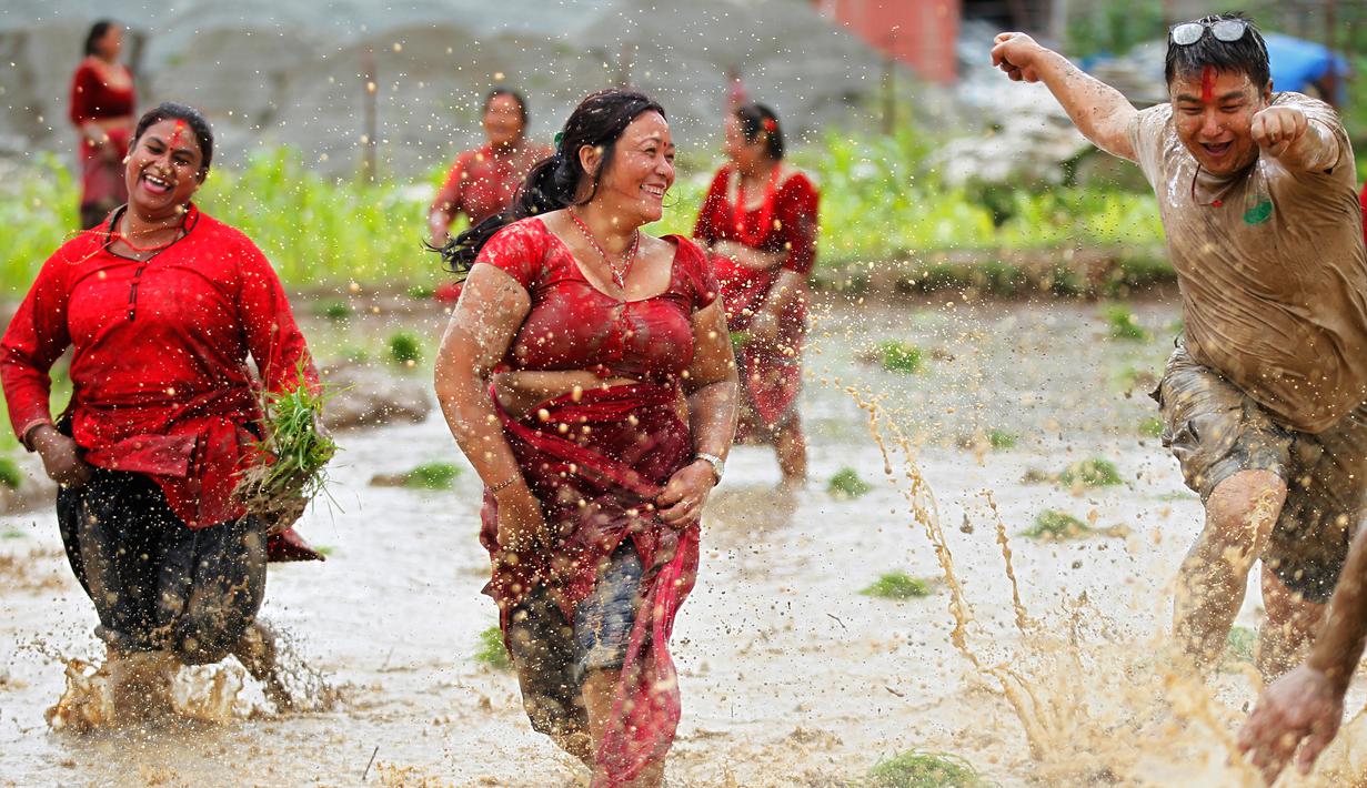 FOTO: Hari Tanam Padi, Warga Nepal Bersukaria Mandi Lumpur - Foto ...