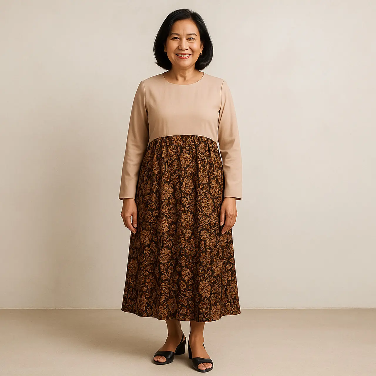 8 Model Dress Batik Kombinasi Polos Lengan Panjang untuk Ibu-Ibu 50 ...