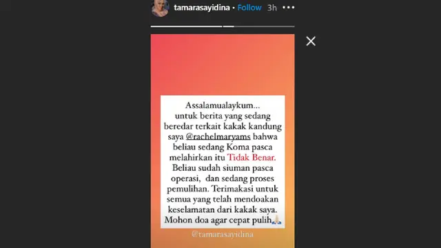 Rachel Maryam Siuman Setelah Alami Perdarahan