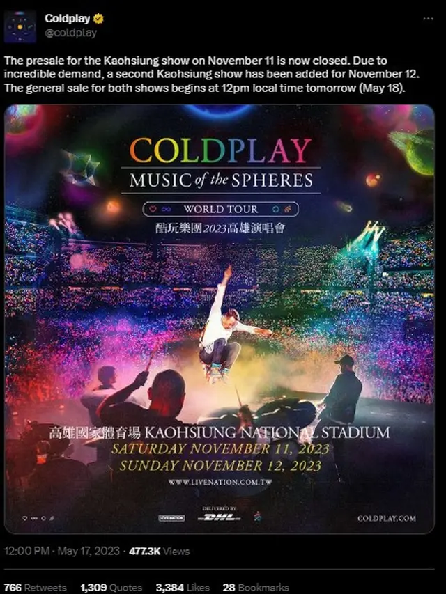 Konser Coldplay di Taiwan Ditambah Jadi 2 Hari karena Antusiasme ...