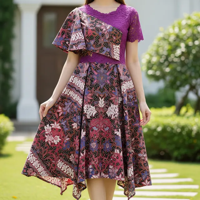 9 Model Dress Batik Kombinasi Brokat Asimetris Lengan Pendek, Inovasi ...