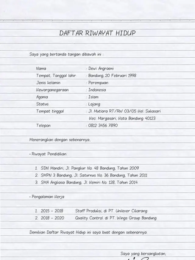 3 Contoh CV Tulis Tangan, Cara Membuat dan Tips agar Lolos - Hot ...