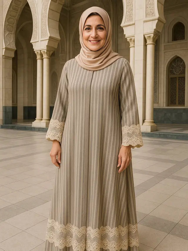 7 Model Gamis Lurik Kombinasi Polos di Lengan untuk Ibu-ibu 40 Tahun ...