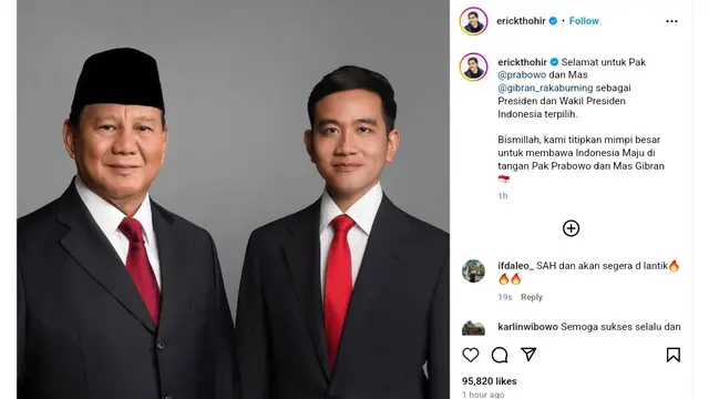 Prabowo-Gibran Menang Pilpres, Erick Thohir Titip Pesan Ini - Bisnis Liputan6.com