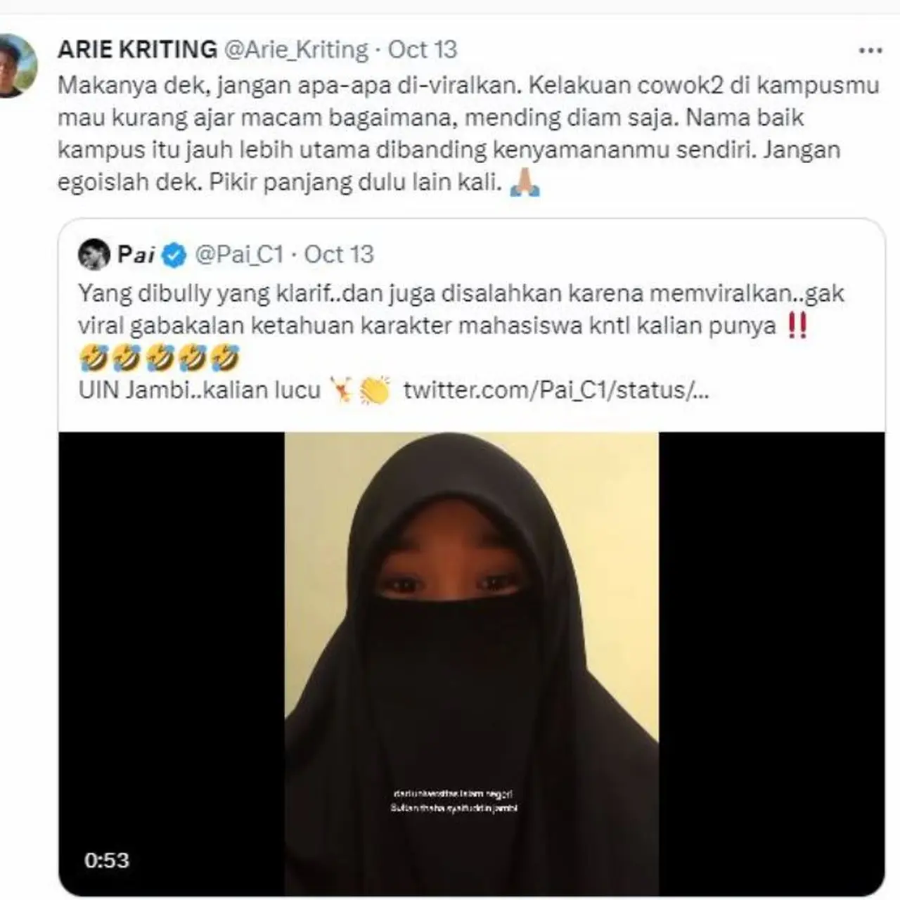Arie Kriting Sindir Video Permintaan Maaf Mahasiswi UIN Jambi yang Dibully Sekelompok Mahasiswa ...