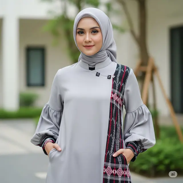 10 Model Gamis Tenun Kombinasi Polos, Stylish, Syar'i, dan Anti ...