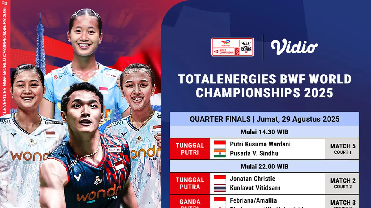 Link Live Streaming BWF World Championship 2025 Quarter Finals Tayang di Vidio - Ragam Bola.com