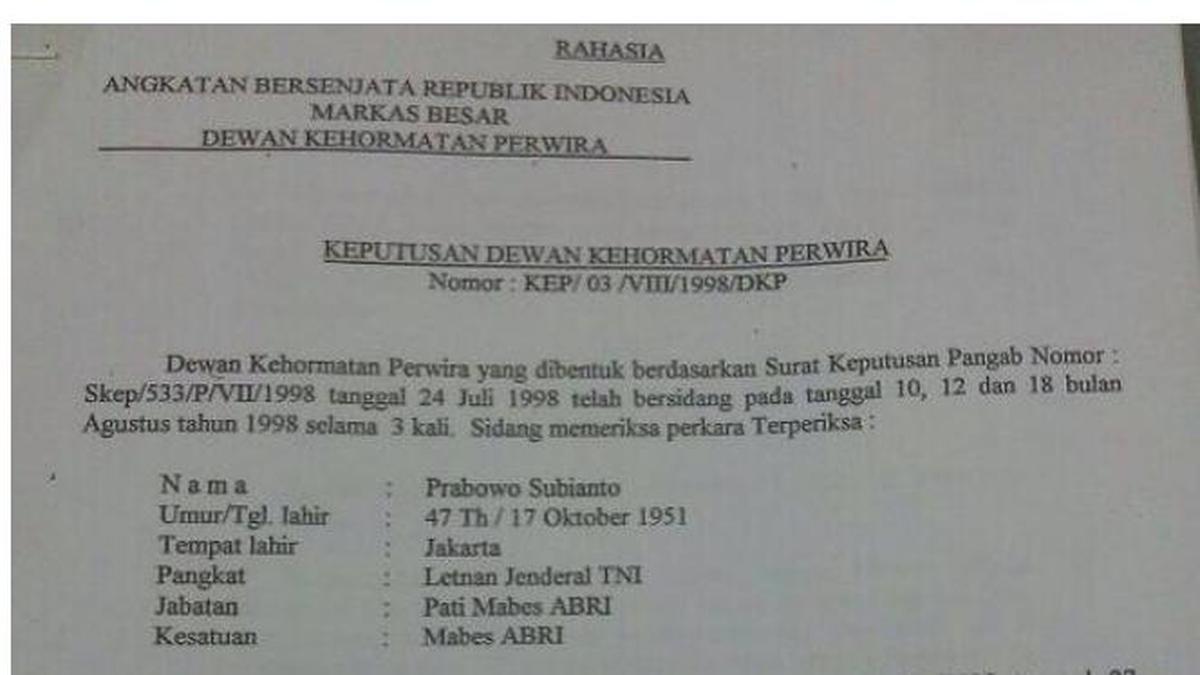 Beredar Dokumen Diduga Putusan DKP soal Prabowo