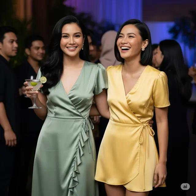 7 Model Gaun Pesta Satin Wrap Dress Terkini 2025, Ciptakan Siluet Tubuh ...