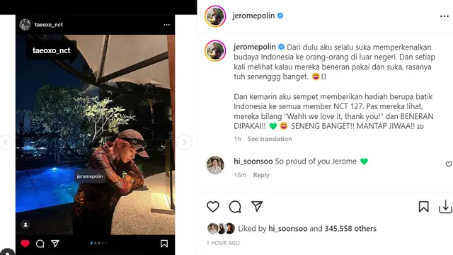 Taeyong NCT Pakai Batik Pemberian Jerome Polin, Sampai Diposting di Instagram - ShowBiz Liputan6.com