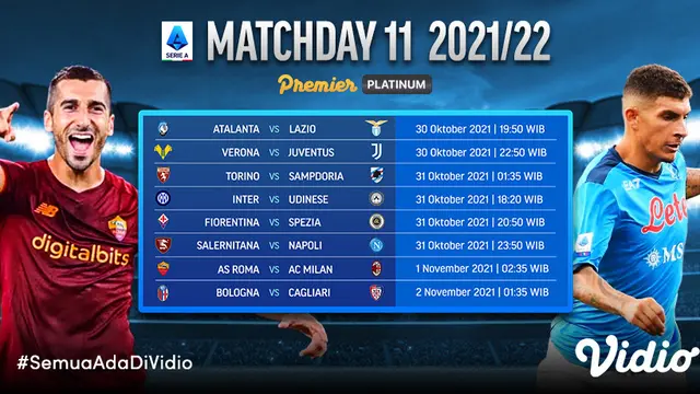 Jadwal Dan Live Streaming Liga Italia Serie A Matchday 11 Di Vidio