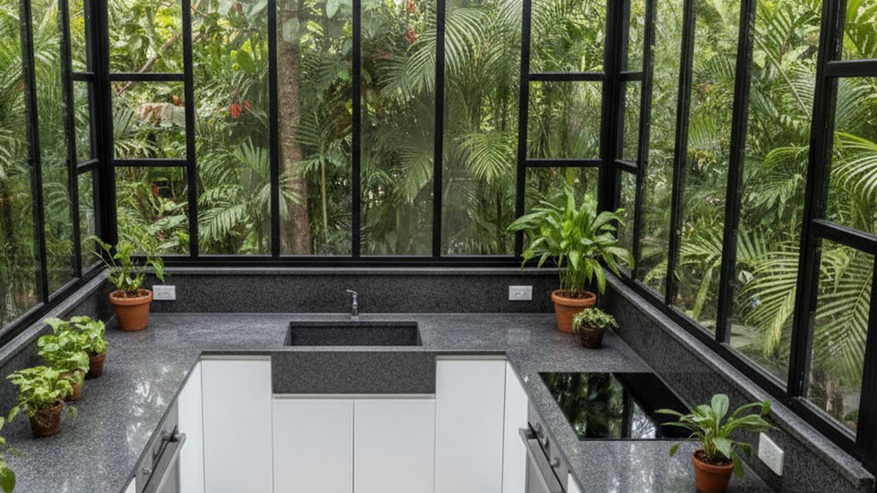 10 Model Dapur Mungil Tropis Tanpa Kabinet Atas dengan Pencahayaan Atap ...