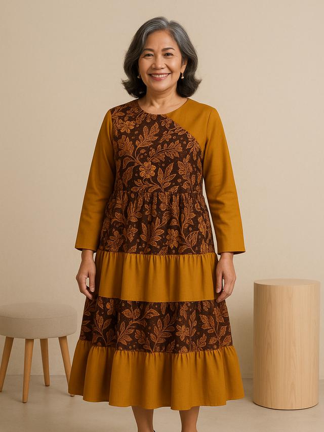 8 Model Dress Batik Kombinasi Polos Lengan Panjang untuk Ibu-Ibu 50 ...