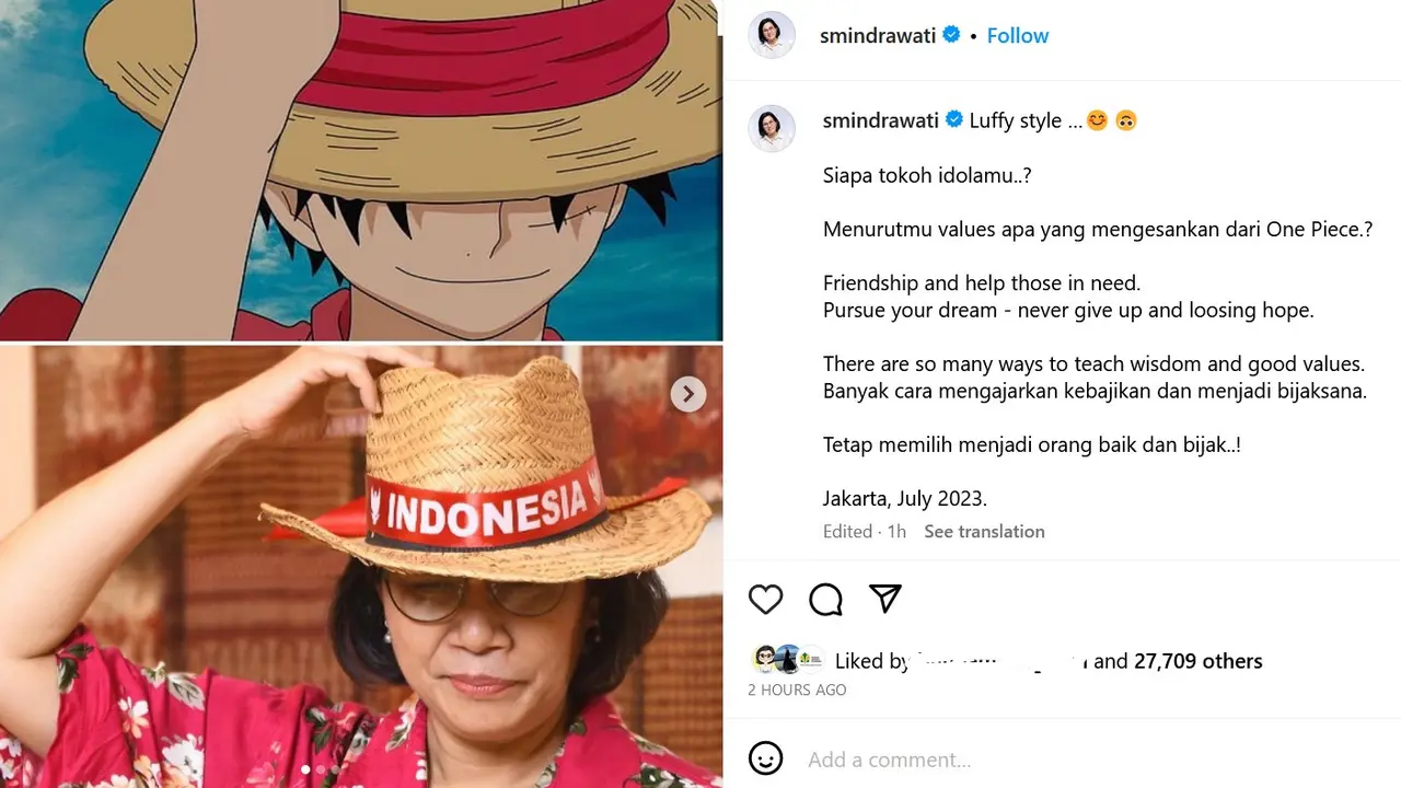 Potret Sri Mulyani Cosplay ala Luffy dan Beberkan Pesan Moral One Piece, Netizen: Bu Menkeu ...
