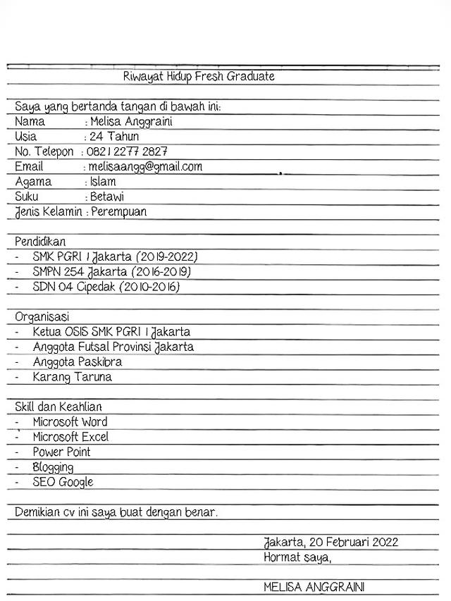 3 Contoh CV Tulis Tangan, Cara Membuat dan Tips agar Lolos - Hot Liputan6.com