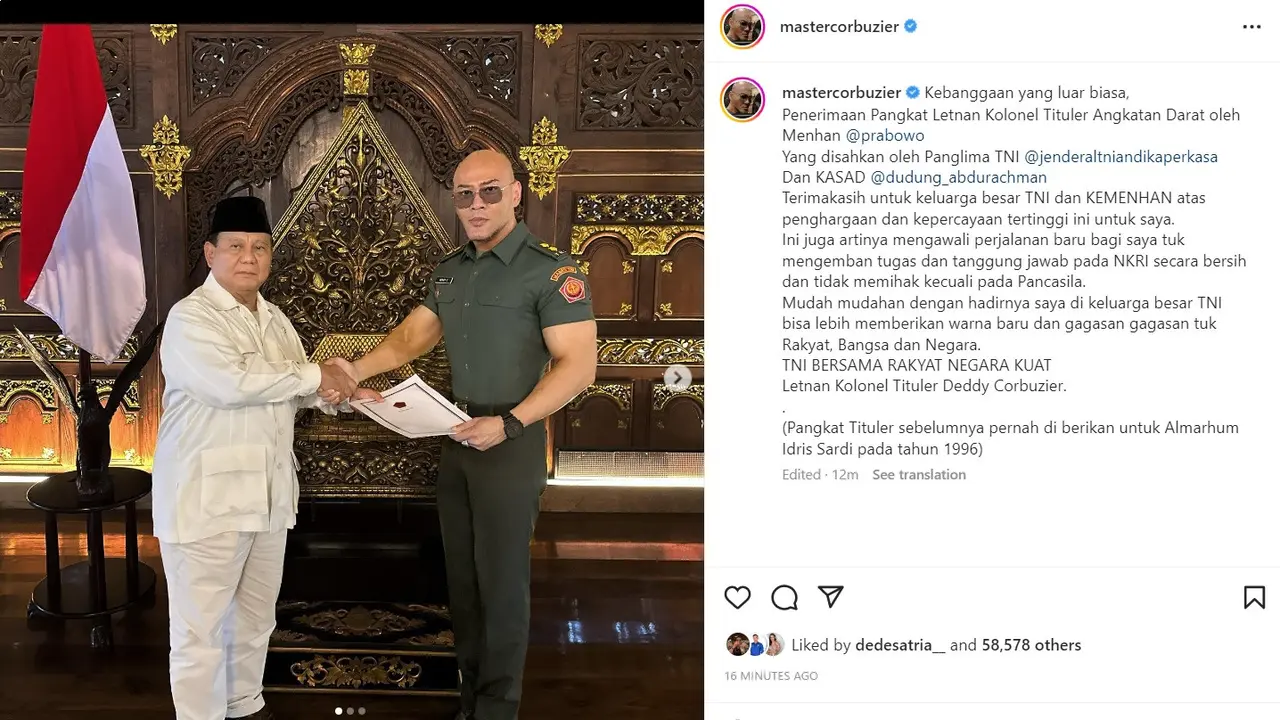 Deddy Corbuzier Menerima Pangkat Letnan Kolonel Tituler Angkatan Darat ...