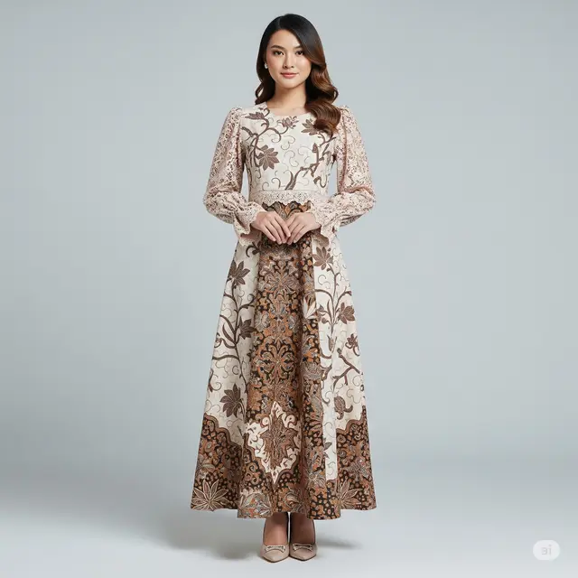 8 Model Batik Long Dress Kombinasi Brokat Lengan Puff untuk Tampilan ...