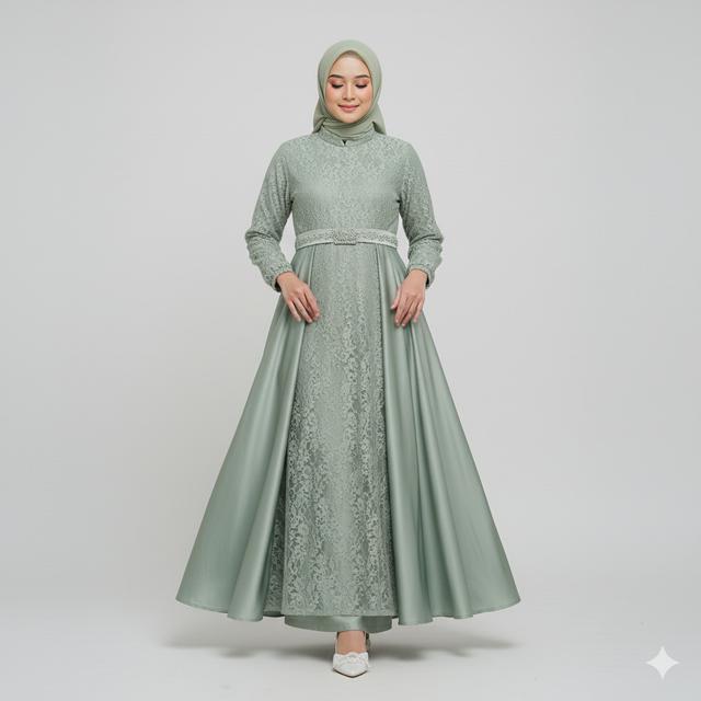 8 Model Gamis Warna Sage Green dengan Detail Brokat Floral untuk Akad ...