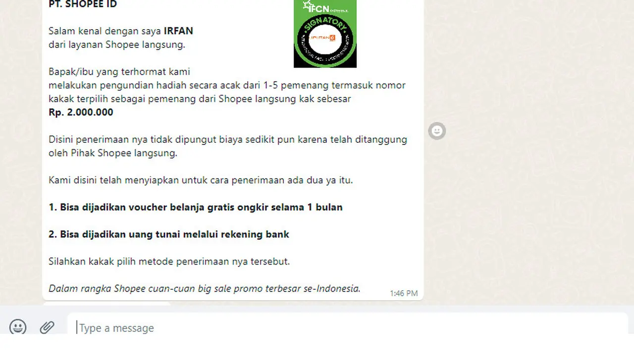 Cek Fakta: Tidak Benar Shopee Bagikan Hadiah Rp 2 Juta Lewat Pesan Ini - Cek Fakta Liputan6.com