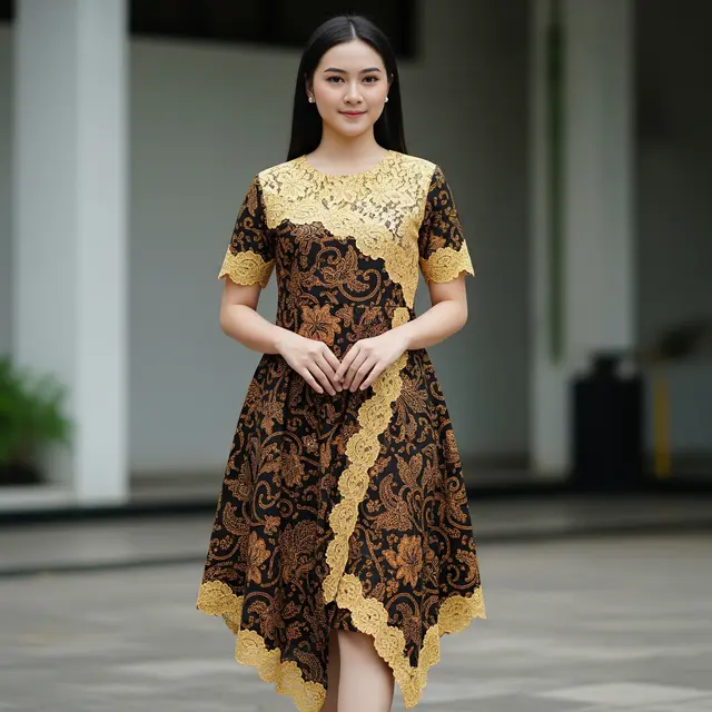 9 Model Dress Batik Kombinasi Brokat Asimetris Lengan Pendek, Inovasi ...
