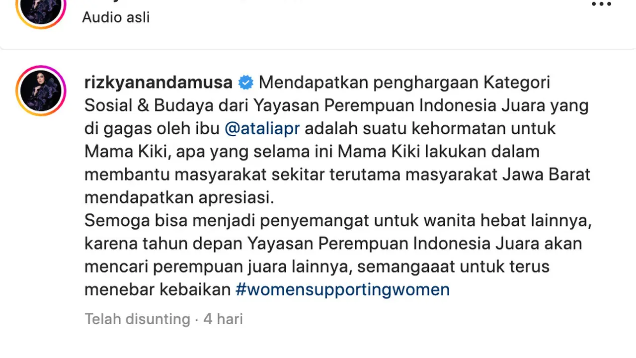 Rizky Ananda Musa Raih Penghargaan Perempuan Indonesia Juara 2023 ...