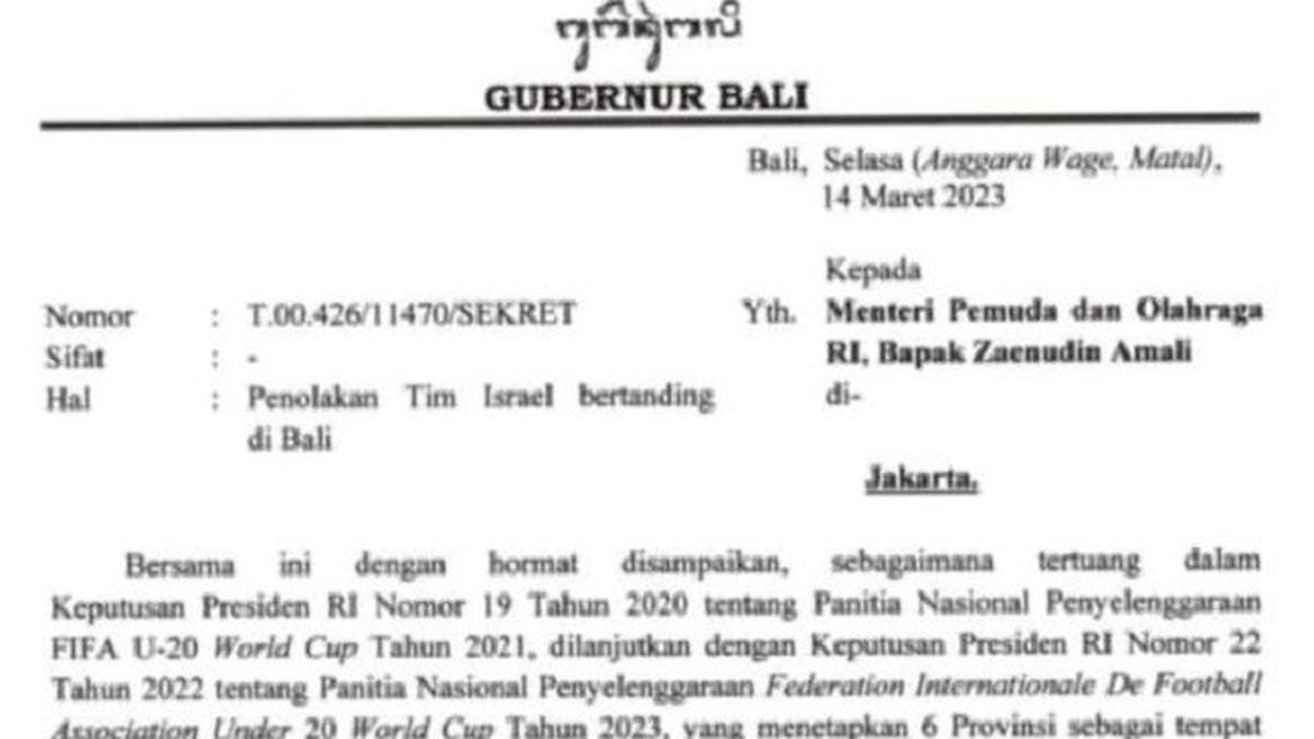 Beredar Surat Gubernur Wayan Koster Tolak Timnas Israel Main di Bali ...