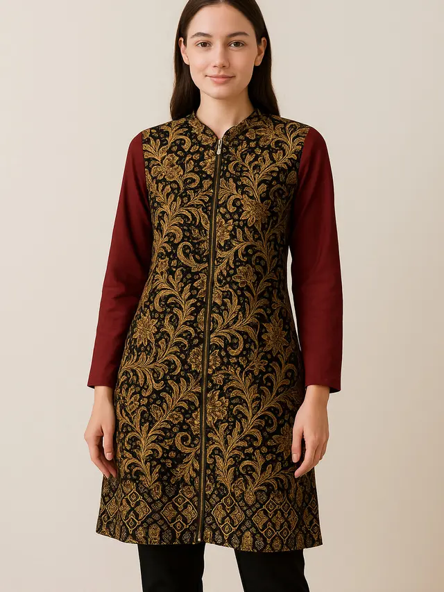7 Model Tunik Batik Resleting Depan Kombinasi Lengan Panjang Polos ...